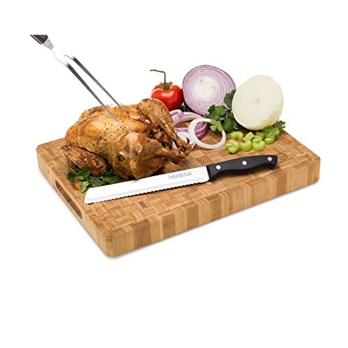 End Grain Wood Bamboo Cutting Board for Kitchen, Commercial Use - Extra Large, Thick Butcher Block with Juice Groove, Handles, and Non-Slip Feet for Chopping Veggies, Carving Meat, Bread and Cheese