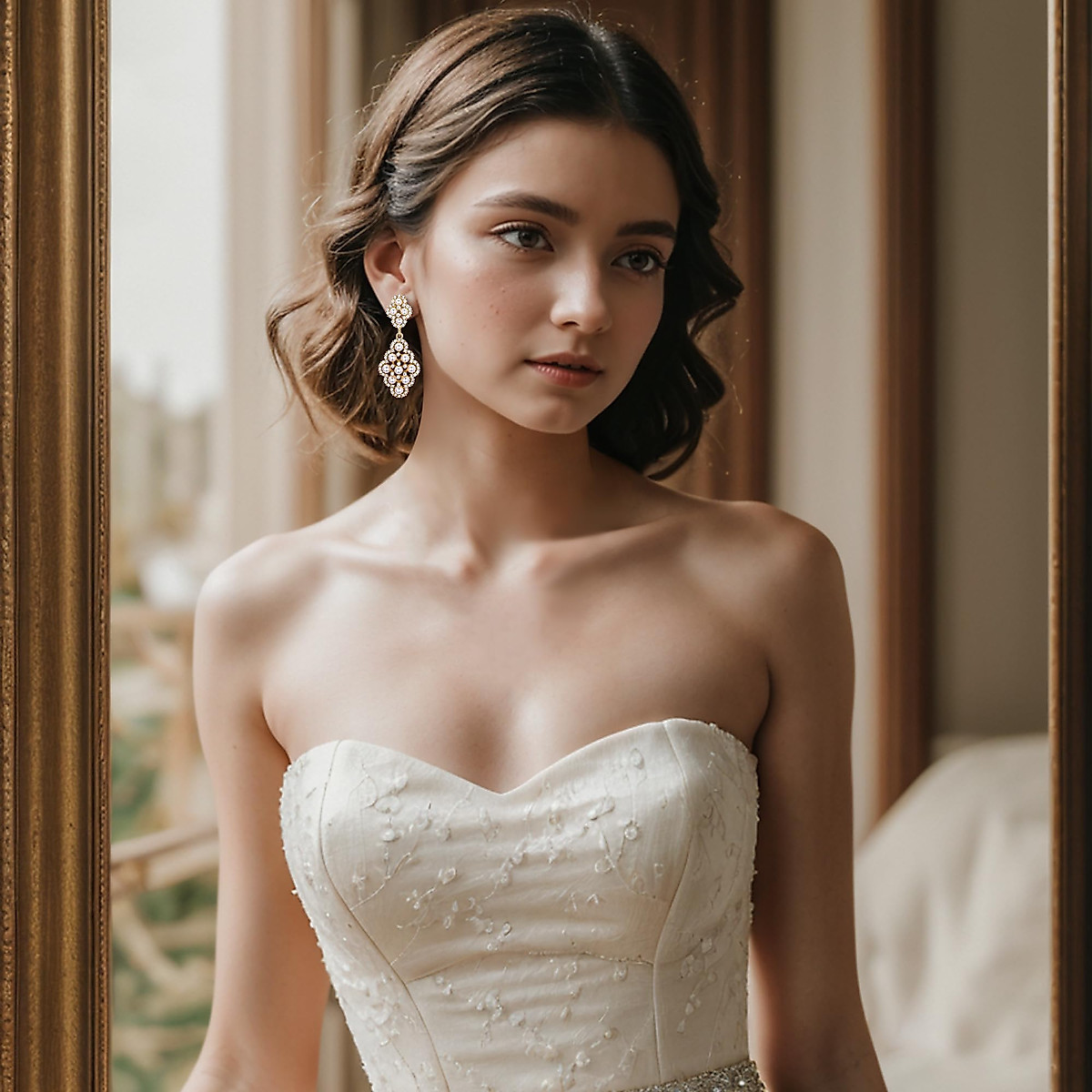 BriLove Wedding Bridal Clip On Earrings for Women Rhombus Crystal Simulated Pearl Hollow Chandelier Dangle Earrings Clear Gold-Toned