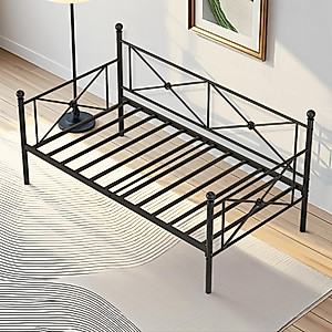 VECELO Twin Daybed with Headboard, Heavy-Duty Metal Slats Support, Sofa Bed Platform Mattress Foundation for Living Room, Guest Room, Easy Assembly, Black