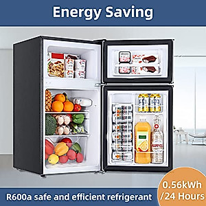 BANGSON Mini Fridge with Freezer, 3.2 Cu.Ft Compact Refrigerator, 5 Settings Temperature Adjustable, Low Noise Refrigerator, 2 Door Mini Fridge for Apartment, Home, Office and Dorm, Silver