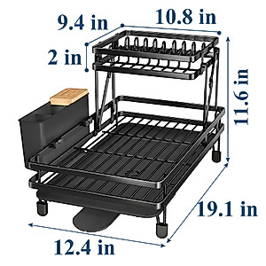 Dish Drying Rack - Large 2 Tier Dish Racks for Kitchen Counter, Collapsible Dish Drainer with Utensil Holder for Dishes, Knives, Spoons and Forks, Black