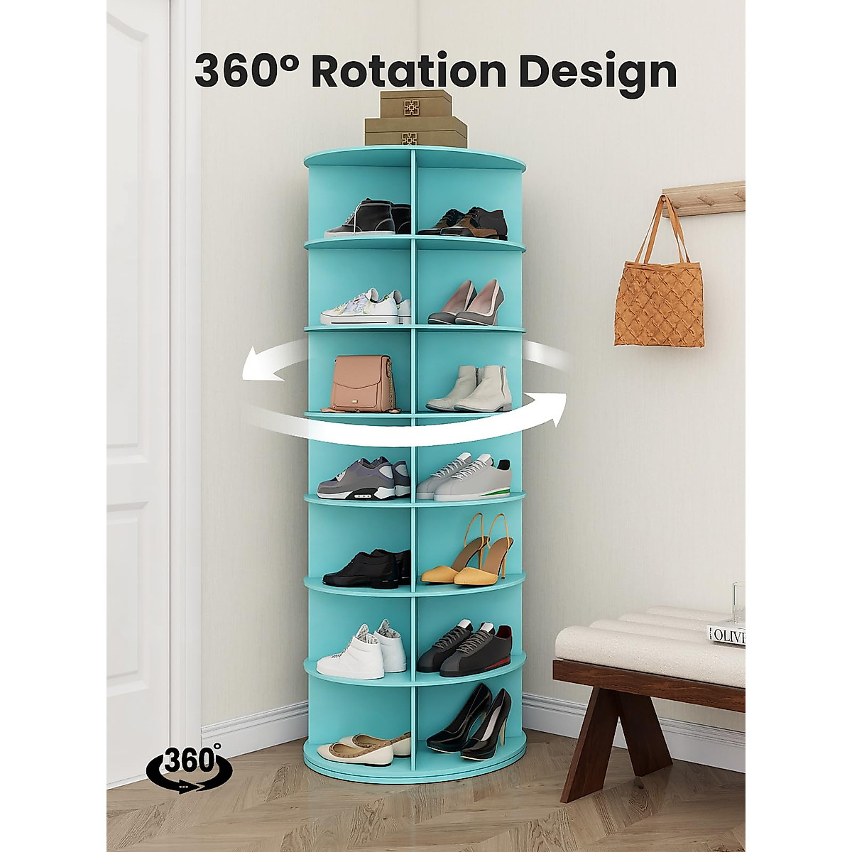Toemics 7 Tier Rotating Shoe Rack Tower 28 Shelves, 360° Spinning Display Lazy Susan Organizer, Carousel for Shoes & Handbags, Easy Assembly, Includes 4 PCS Double-Layer Shoe Racks, Green
