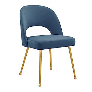 Iconic Home Welburn Dining Side Chair Velvet Upholstered Open Back Design Gold Plated Solid Metal Legs (Set of 2) Modern Contemporary, Blue