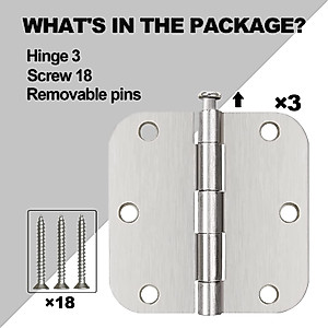 Door Hinges, Brushed Nickel 3.5 x 3.5 Inch Interior 3 1/2 Inch Silver Door Hinges Rounded 5/8" Radius Corners Iron Bifold Residential Hinges for Doors Hardware (3 Pack)