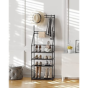 TIMEBAL Shoe Rack Coat Hat Rack, Stackable Shoe Storage Organizer, holds 8 Pair Shoes and Boots and hangs Coats & Hats, Durable Metal Pipes Shoe Shelf Organizer for Entryway, Hallway, Living Room