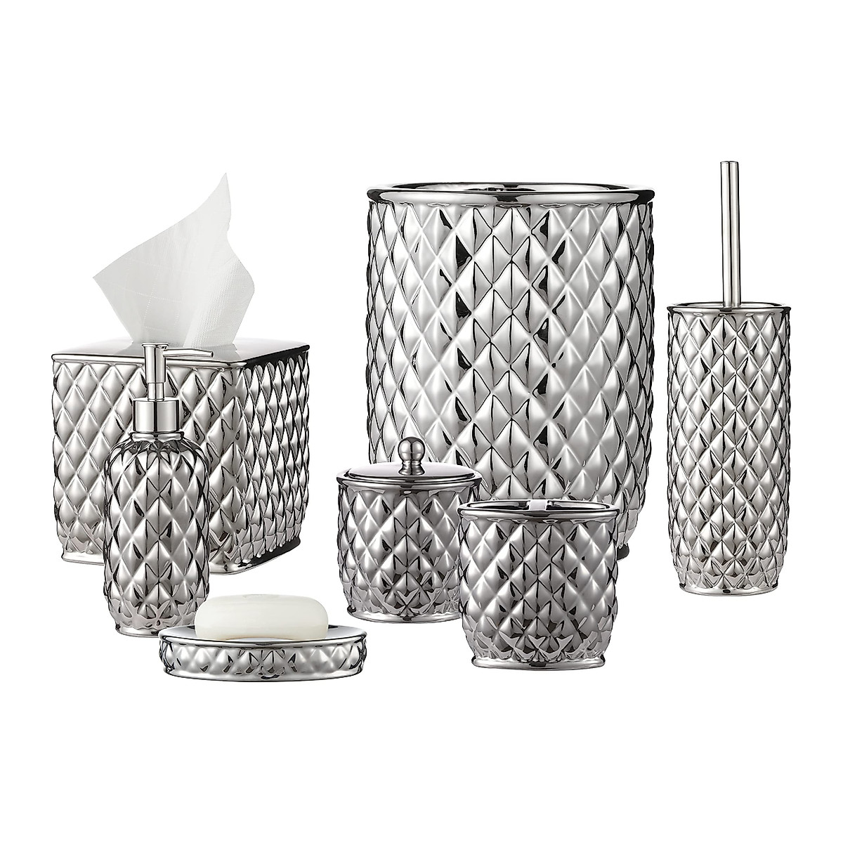 Motifeur Bathroom Wastebasket - Ceramic Decorative Trash Can (Pineapple Pattern, Silver Grey)