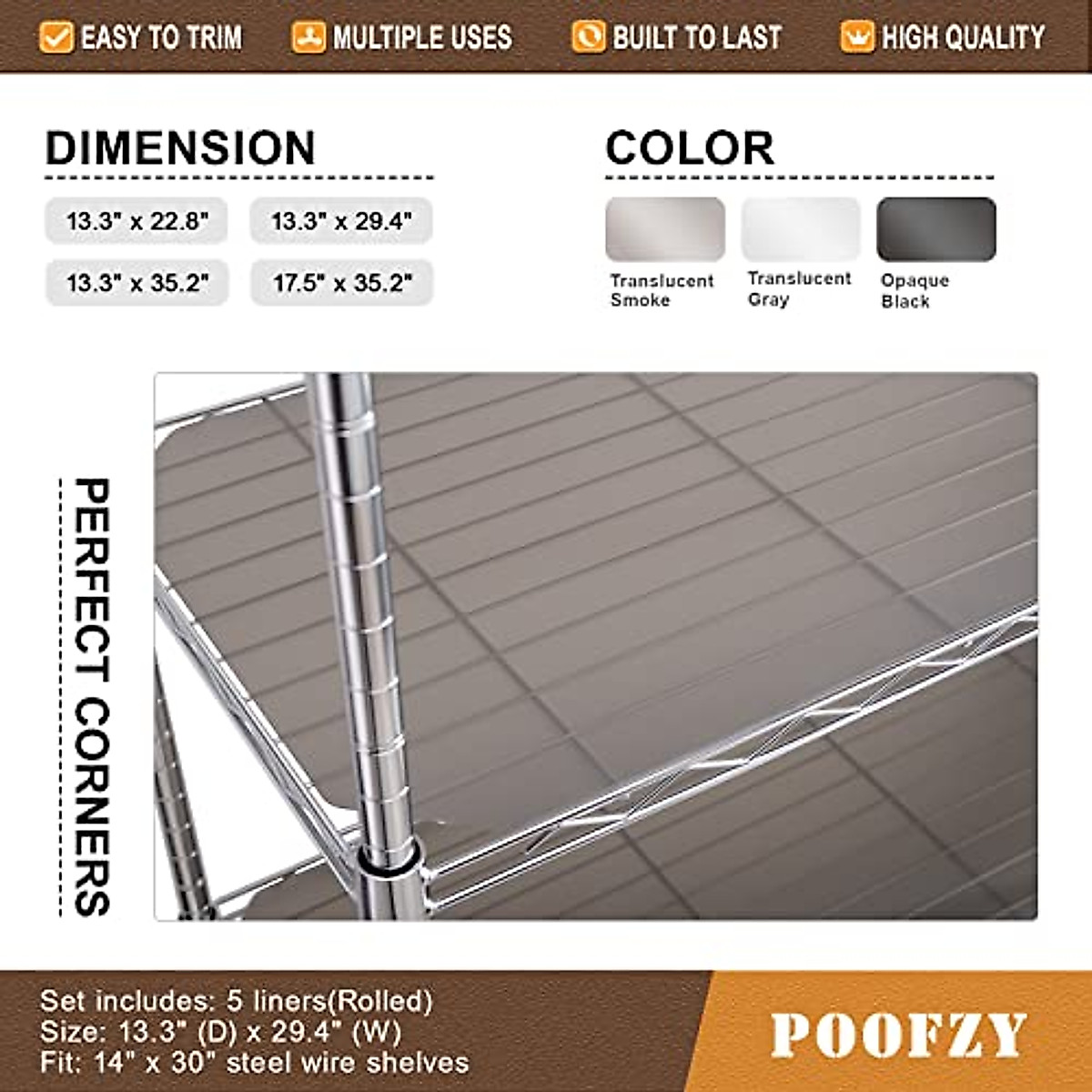 Poofzy Heavy Duty Wire Shelf Liner 18 x 36 Inch, Non Adhesive Shelf Liners for Kitchen Cabinets (Pack of 4, Grey)