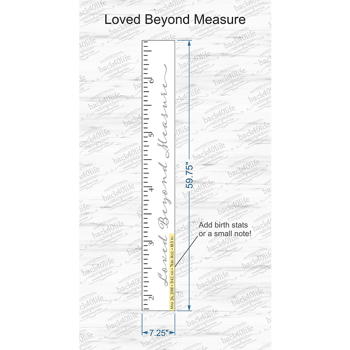 Back40Life Wooden Kids Growth Chart Ruler for Boys and Girls (Loved Beyond Measure) (Ebony Wash)