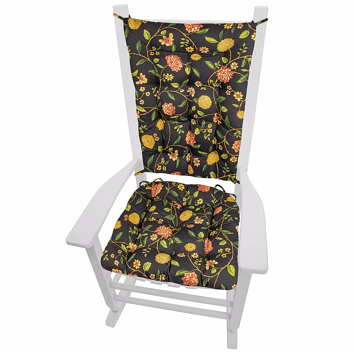 Barnett Home Decor Rocking Chair Cushion Set - Nassau Vine Onyx Black Floral - Size Extra-Large - Machine Washable, Latex Foam Filled Seat Pad and Back Rest, Reversible - Made in USA (Onyx Black, XL)