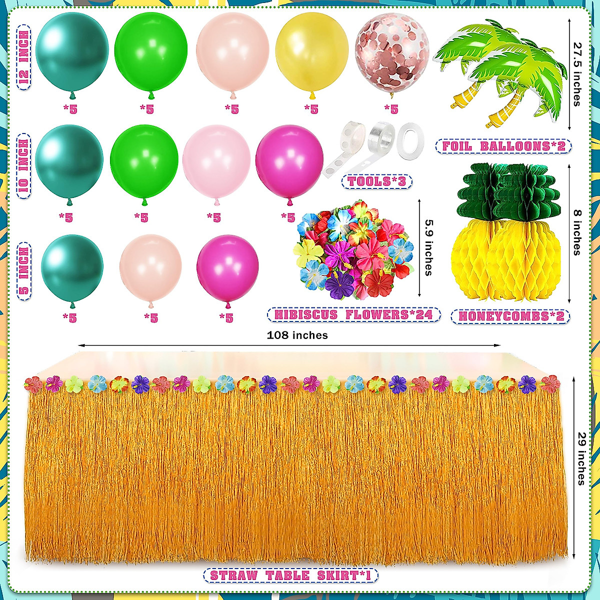 Hawaiian Luau Party Decorations Tropical Luau Theme Aloha Party Pack 171pcs for Summer Beach Holiday (Including Table Skirt, Backdrop, Banner, Balloons, Hibiscus Palm Leaves, Cake Toppers) (Luau-02)