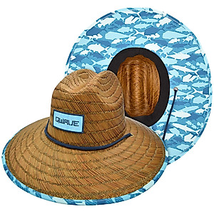 Qwave Straw Hats for Women, Beach Gear Sun Hats for Women, Lifeguard Hat with Sun Protection, Light Straw - Pink & Blue Palm Print