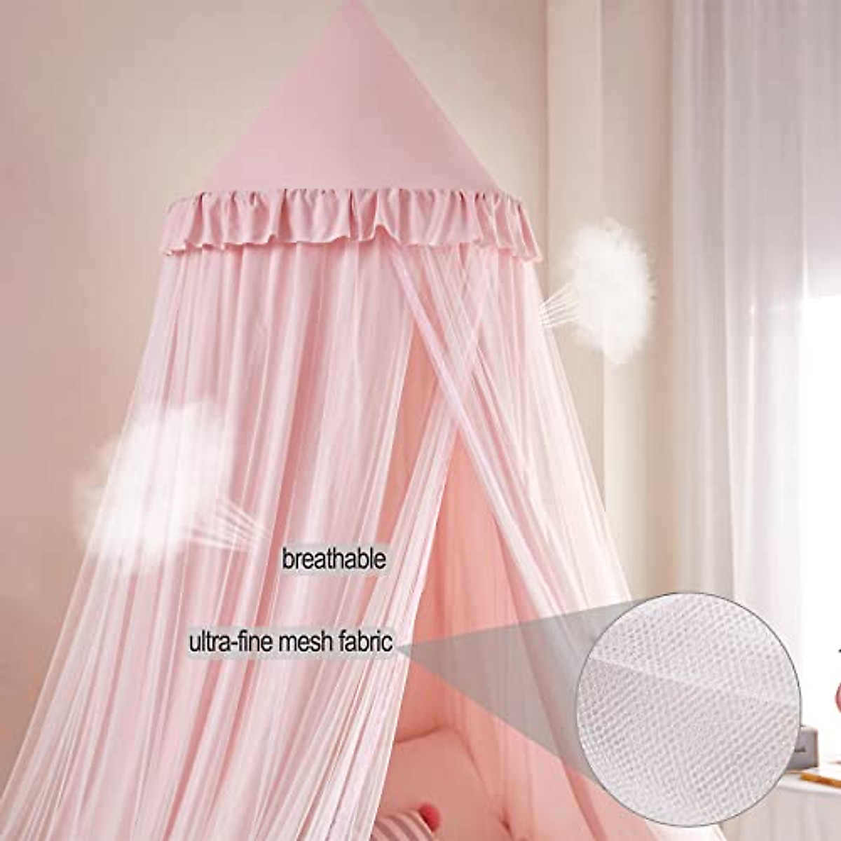 Kertnic Bed Canopy for Kids Room Double Layer Mosquito Net, Hanging Play Tent Children Reading Nook Canopies, Round Dome Princess Castle Dreamy Bedding for Girls Room House Décor (Beige Pink)