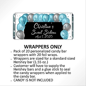 Personalized Candy Bar Wrappers, Balloon Design, Modern Birthday Party Favors, Chocolate Bar Labels for Baby Shower, Bridal Shower, Pack of 20 (Aqua)