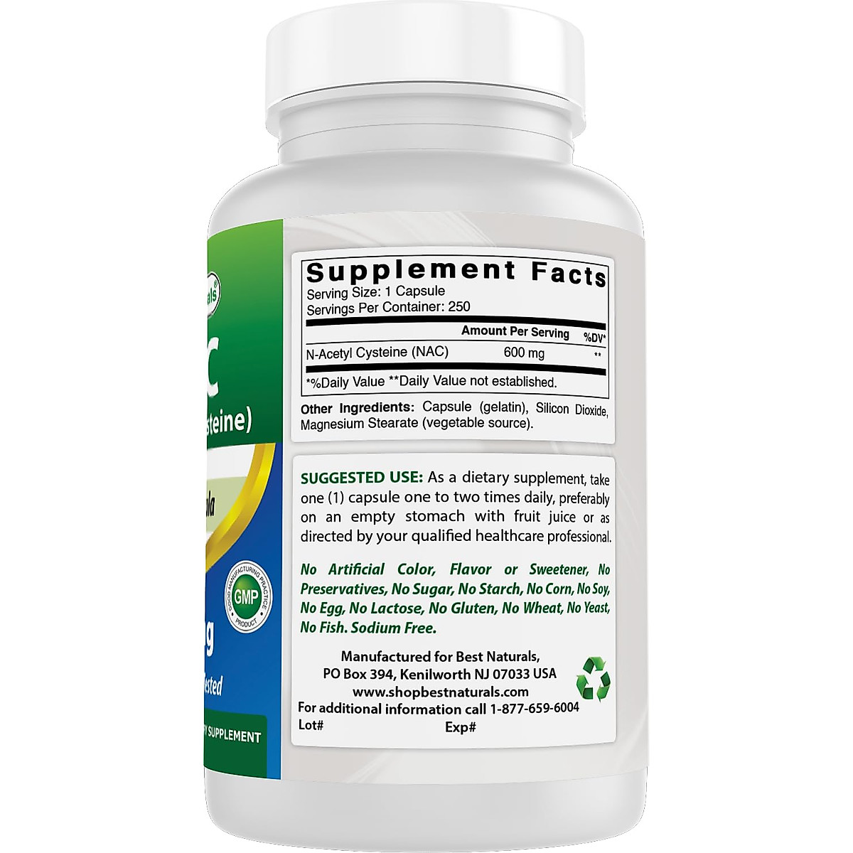 Best Naturals NAC - N Acetyl Cysteine 600 mg 250 Capsules - n Acetyl cysteine - Powerful antioxidant