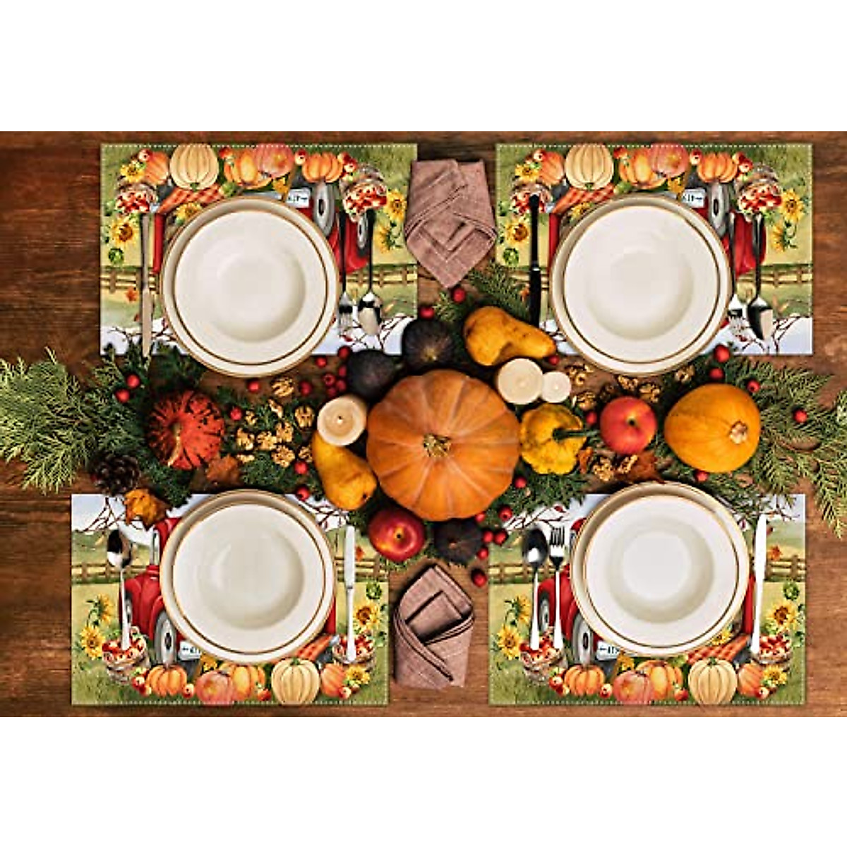 Fall Pumpkin Placemats for Dining Table, 12 x 18 Inch Farm Apples Sunflower Truck Autumn Thanksgiving Seasonal Holiday Decoration Rustic Washable Table Mats Set of 4