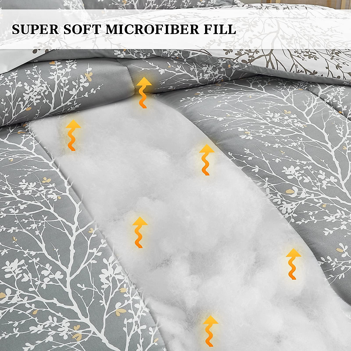 Flysheep Gray Comforter Set Queen Size, Branch with Yellow Flower on Grey and White Reversible Modern Bedding Set, Ultra Soft Microfiber for All Season