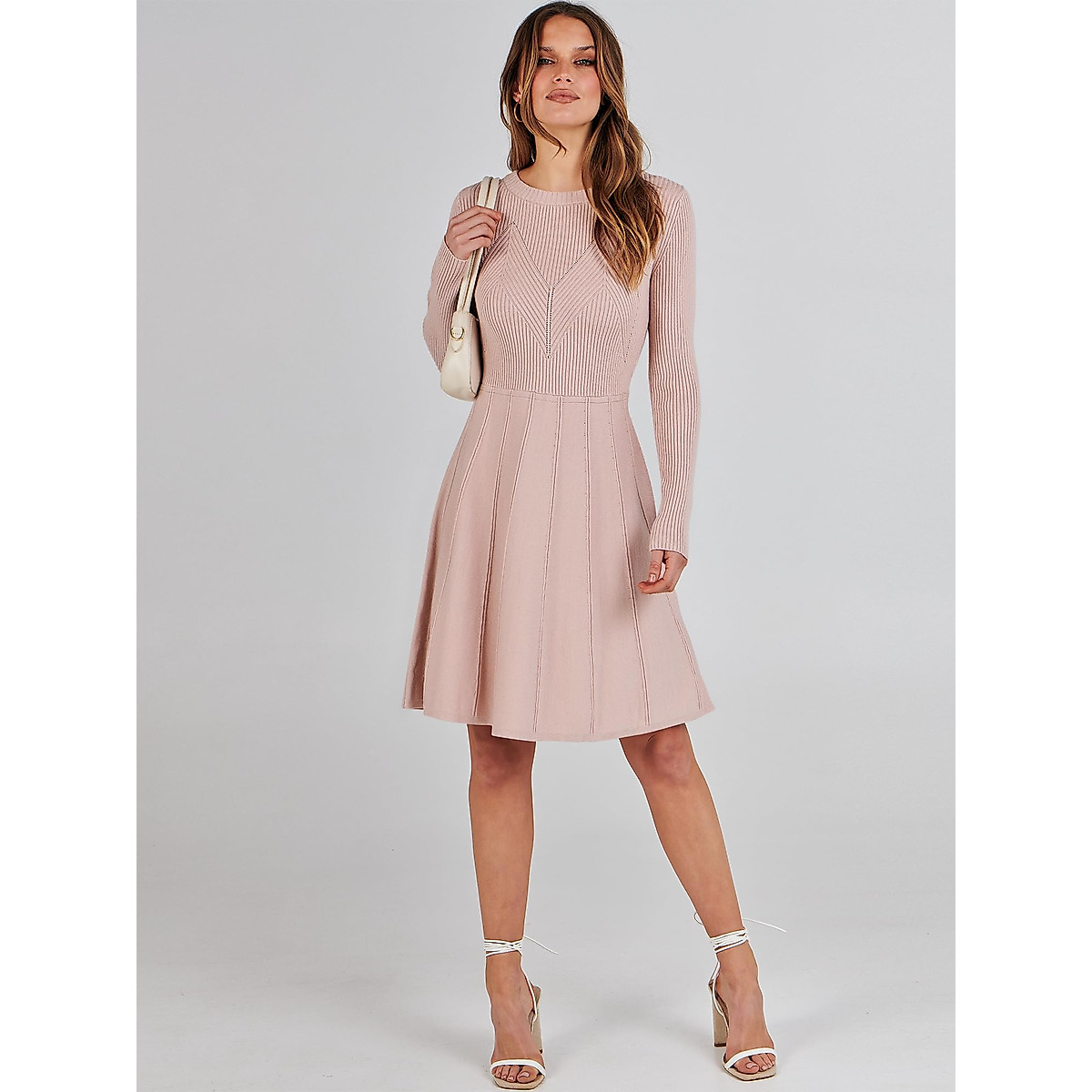 ANRABESS Women Midi Sweater Dress Long Sleeve Crewneck High Waist Casual A-Line Pleated Dresses Pink Small