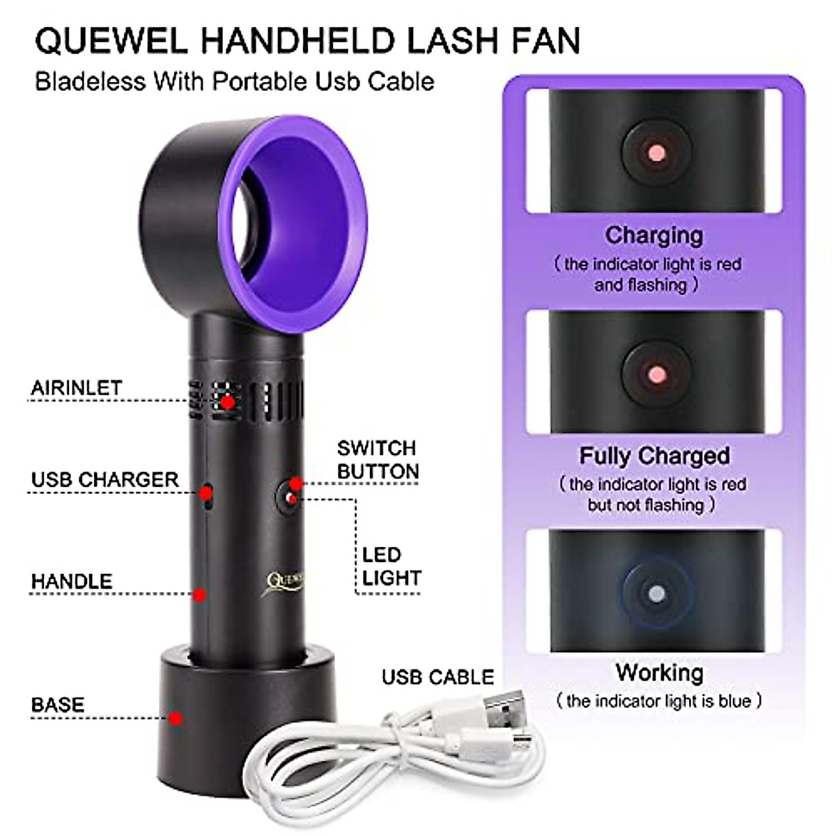 QUEWEL Eyelash Fan for Lash Extension Bladeless Fan Handheld Lash Extension Fan Dryer Mini Fan Air Conditioning Blower Eyelash Extension Supplies Drying Lash Glue (Purple)