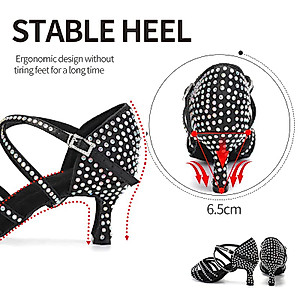 DKZSYIM Women's Satin Latin Dance Shoes Rhinestone Ballroom Salsa Performance Practice Dancing Shoes,AFCT40403-Black-6.5,US 7