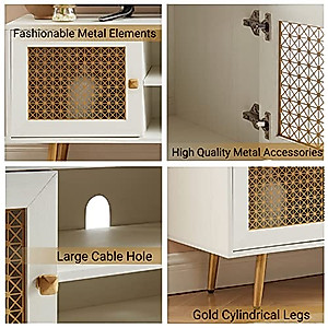 JYED DECOR Antique White Mid Century TV Stand with Metal Mesh Doors and Open Shelving, Media Console for TV up to 65 Inches, Entertainment Center for Living Room, Bedroom