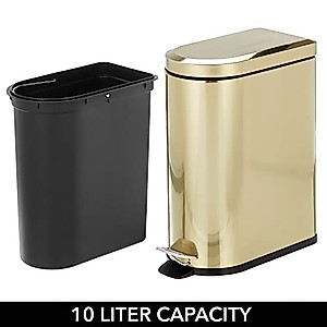mDesign Small 2.6 Gallon Stainless Steel Metal Step Trash Can Garbage Bin for Bathroom, Bedroom, Home Office - D-Shape Trashcan with Foot Pedal/Lid, Removable Liner Bucket with Handles, Soft Brass