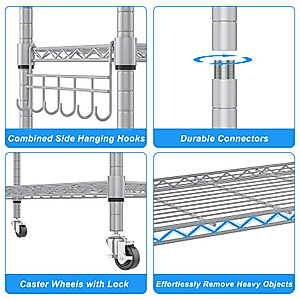Homdox 5 Tier Adjustable Rolling Storage Shelves, Heavy Duty Wire Storage Racks and Shelving, Metal Shelves for Storage with Side Hooks for Pantry Closet Kitchen Garage Organization, Silver Gray
