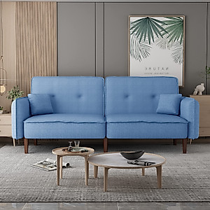 WILLIAMSPACE 75" Futon Sofa Bed, Convertible Sleeper Sofa with Magazine Bag, Small Splitback Sofa with Tapered Solid Wood Leg, Padded Seat and Back, Loveseat Couch for Living Room, Blue Fabric