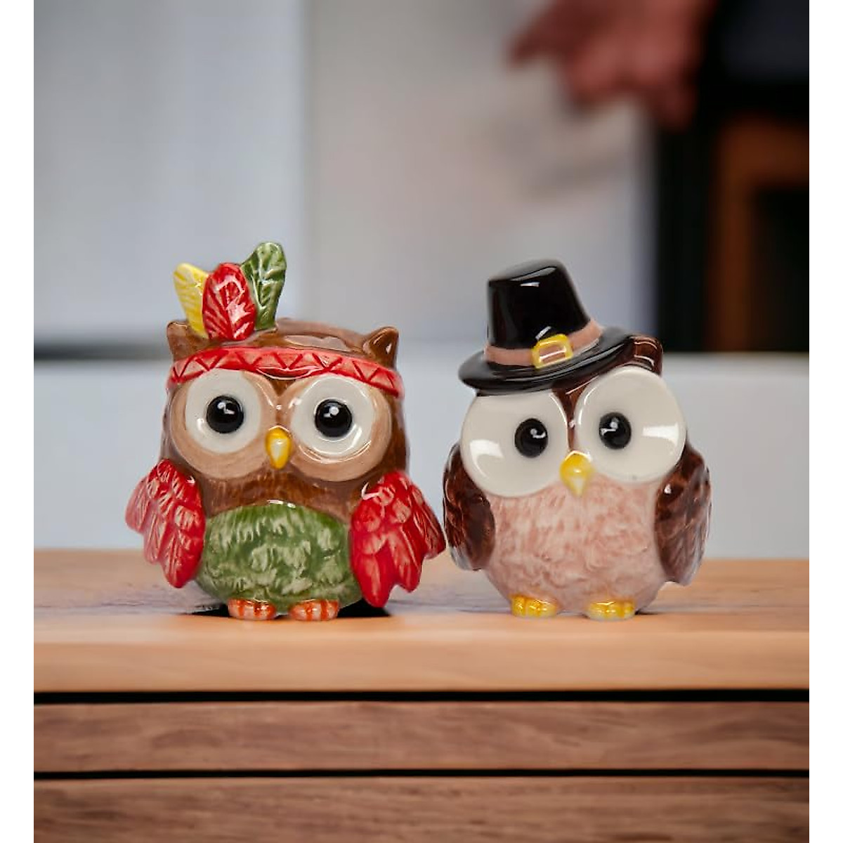 Fine Ceramic Thanksgiving Pilgrim & Native American Indian Owl Salt & Pepper Shakers Set, 2-7/8" H