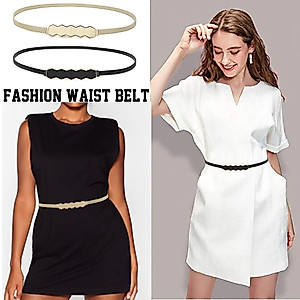 Suyi Skinny Stretch Belt for Women Elastic 2 Pieces Waist Belt Thin Cinch Belts for Dress Black Beige Set1