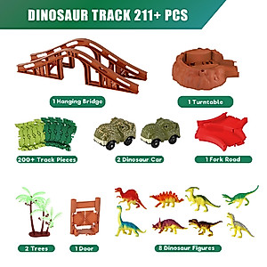 Jurassic Dinosaur Toys Race Car Track for Boys Age 4-7 Dinosaur World Road Race - Flexible Train Track Playset with 2 Cars and 8 Dinos-Todder Kids Best Gifts Ideas 3 5 6 Years Old (220+pcs) DDAI