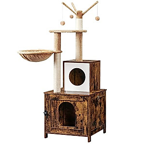 HOOBRO Cat Tree with Litter Box Enclosure, Wooden Cat Tower with Cat Hammock Condo, All-in-One Cat Furniture for Indoor Cats, Cat Litter Box Furniture Hidden, Versatile Cat Tree, Rustic Brown FG13MZ03