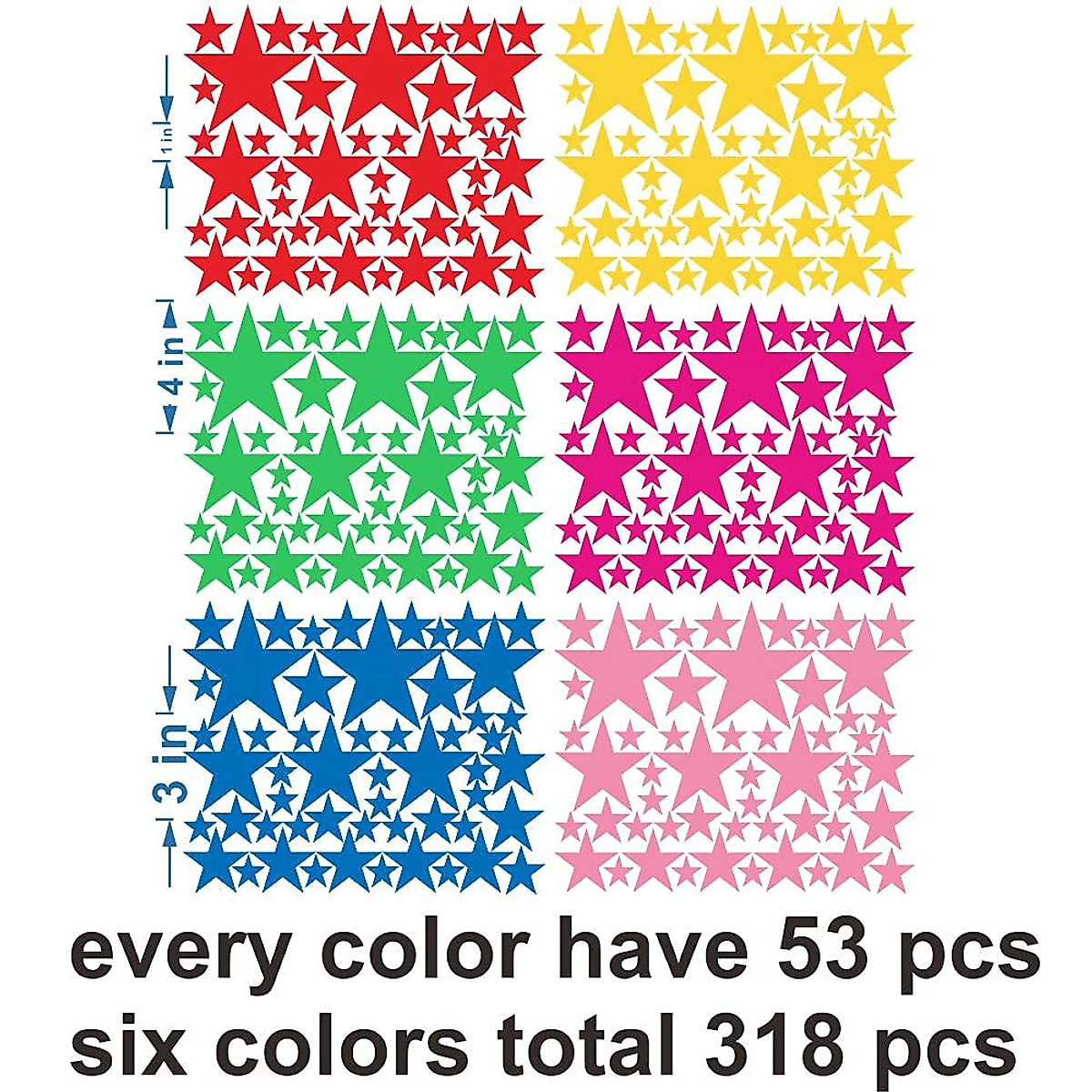 ANFRJJI Colorful Star Wall Sticker - Colorful Star Wall Decal - Colorful Star Wall Art - PVC Removable Wall Decor for Kids Room - Rainbow Colors Primary 6 Colors Star Decals - 318 piece Color Stars