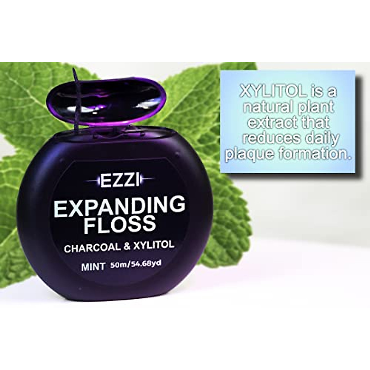 EZZI Woven Expanding Dental Floss | Naturally Waxed & Textured w/Charcoal & Xylitol to Optimally Clean Gums | Mint | Thick & 109 Yards