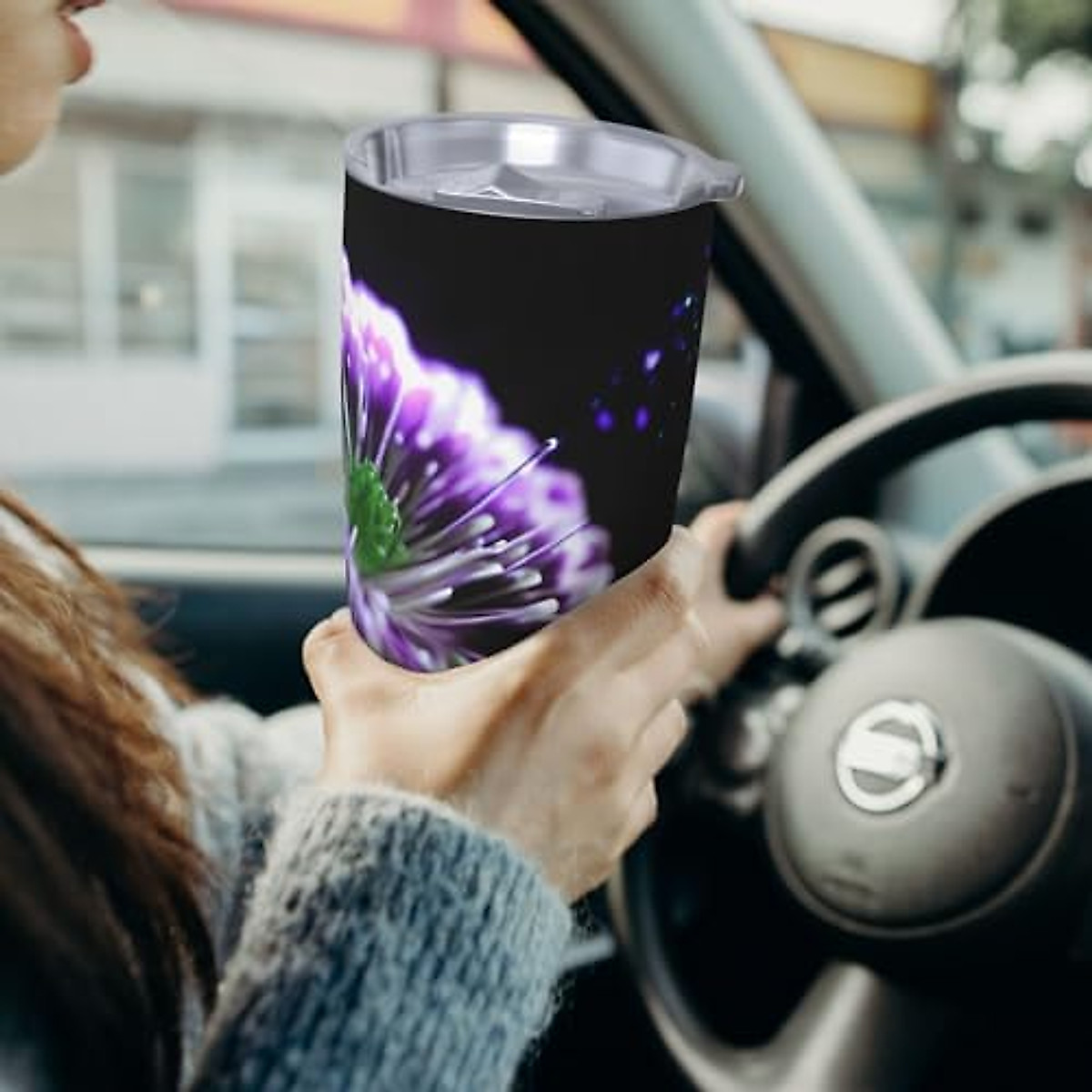 jshmgchw 3d Violet Green Glow 20oz Tumbler, Car Cup With Lid And Straw, Spill-Proof, Stainless Steel Double Wall Vacuum Insulated Reusable Coffee Travel Mug, For Cold Drinks, Hot Beverage