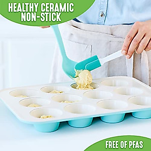 GreenLife Bakeware Healthy Ceramic Nonstick, 12 Cup Muffin and Cupcake Baking Pan, PFAS-Free, Turquoise