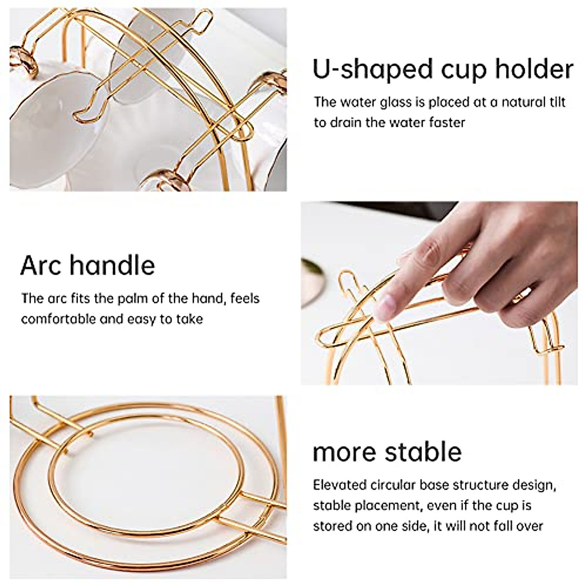 IKASEFU Gold Coffee Cup Holder, Dish and Cup Display Stand Mug Rack Holder Metal Cup Holder Coffee Cup Hanger Rack Tableware Storage Rack Tea Set Cup Hanger Rack for Home Kitchen Desktop (Only Rack)