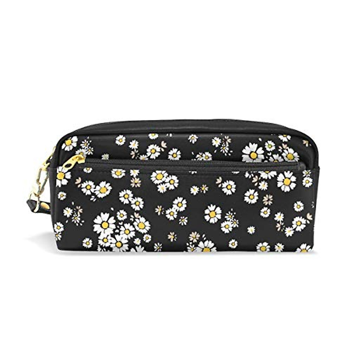 ALAZA Cute Pencil Case Beautiful Daisy Flowers Floral Black Pen Cases Organizer PU Leather Comestic Makeup Bag Make up Pouch, Back to School Gifts
