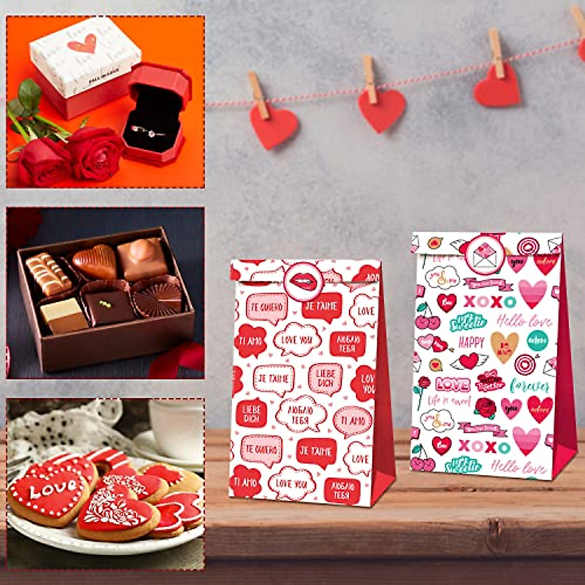 24 PCS Valentines Day Paper Gift Bags, 8 Assorted Styles Valentine Treat Bags + 36PCS Valentine Stickers for Kids Adult,for Wrapped Gifts Party Supplies,Valentines Gifts Packing