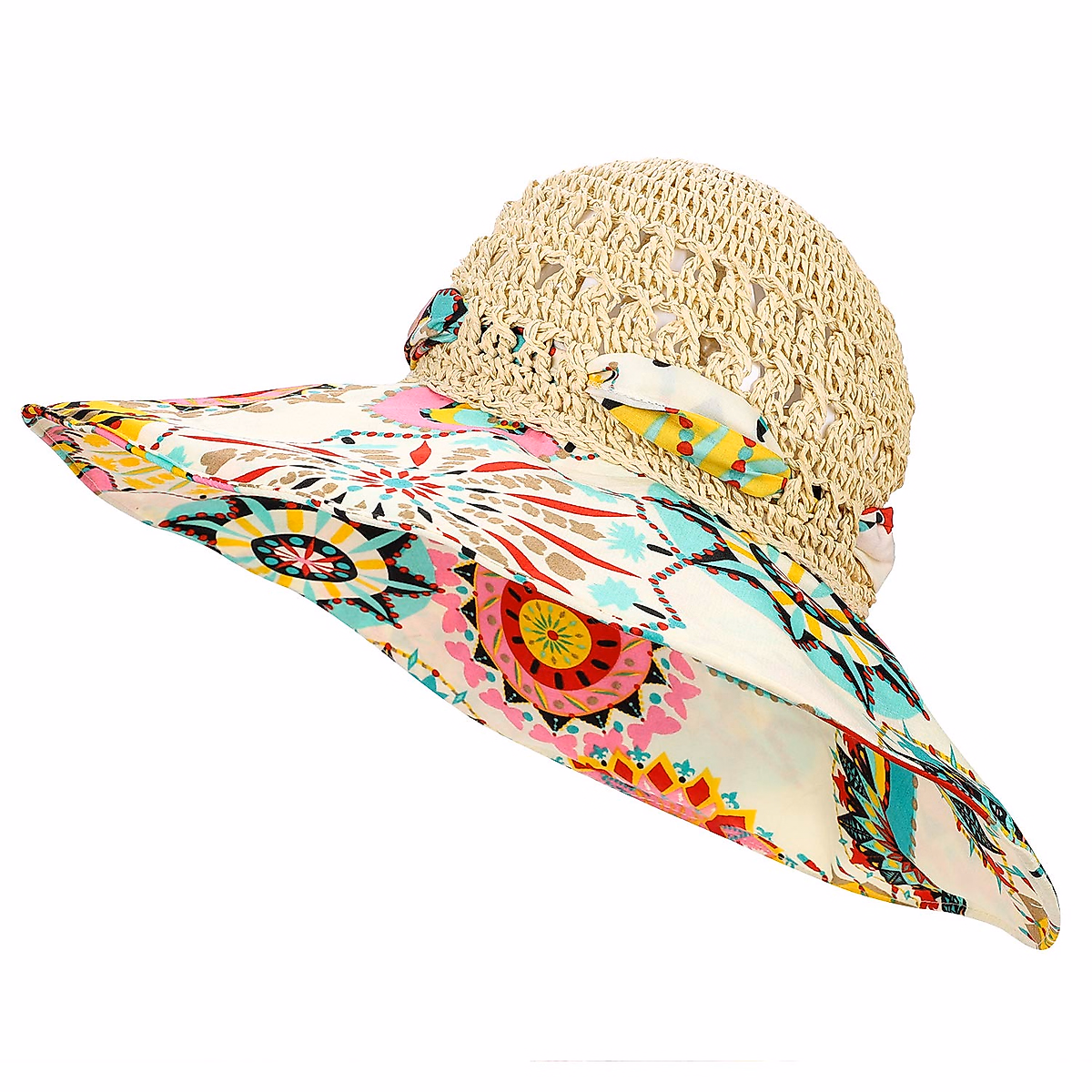 PENINSULA LOVE Summer Anti-UV Wide Brim Beach Hats Women Flower Floppy Foldable Roll up Cap Beige