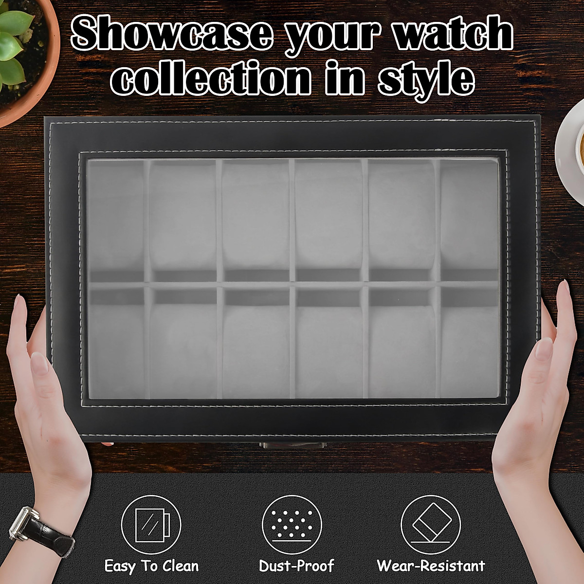 Ogrmar 12 Slot PU Leather Lockable Watch Storage Boxes, Men & Women Jewelry Display Drawer Case, 2-Tier Organizer Watch Showcase with Glass Lid