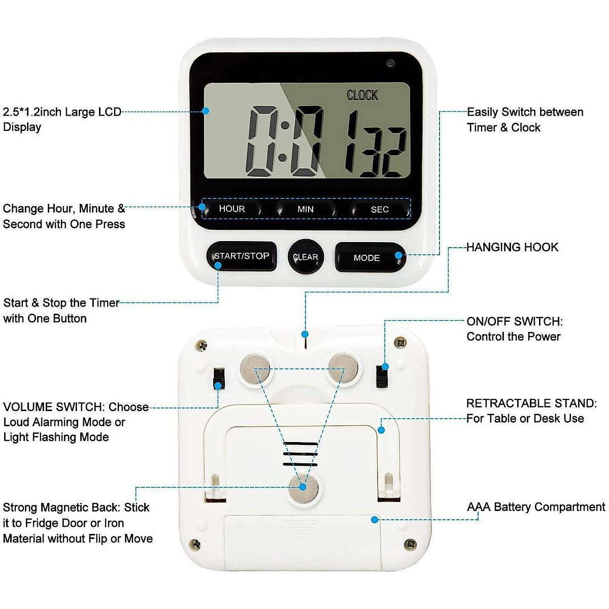 QUMOX Large LCD Digital Kitchen Timer Countdown Up Alarm Clock 24 Hours Magnetic HX106