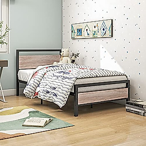 HOJINLINERO Twin Bed Frames with Wood Headboard,Metal Twin Platform Bed Frame No Box Spring Needed,Heavy Duty Steel Slats,No Noise,Natural Oak