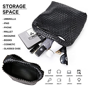 Fashion Woven Purse for Women Top-handle Shoulder Bag Soft Summer Hobo Tote Bag (Black)