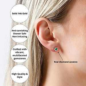 MAX + STONE 14k Yellow Gold Created Green Emerald and Diamond Flower Halo Stud Earrings for Women with Push Backs 4mm May Birthstone