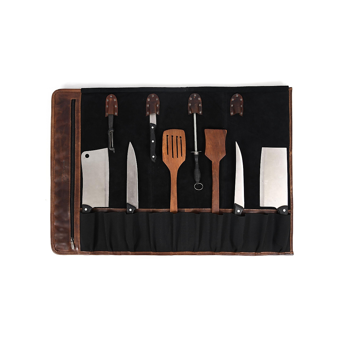Leather Knife Roll Storage Bag, Elastic and Expandable 10 Pockets, Adjustable/Detachable Shoulder Strap, Travel-Friendly Chef Knife Case by Aaron Leather Goods