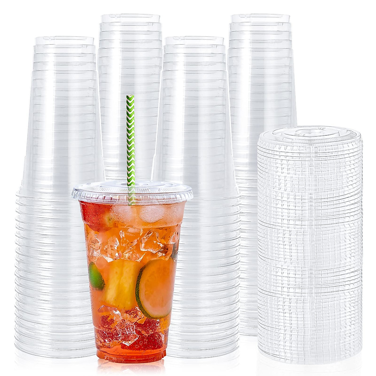 Lilymicky [90 Sets] 20oz Clear Plastic Cups With Flat Lids, Disposable Drinking Cups, 20 oz Plastic Cups for Ice Coffee, Smoothie, Slurpee, or Any Cold Drinks