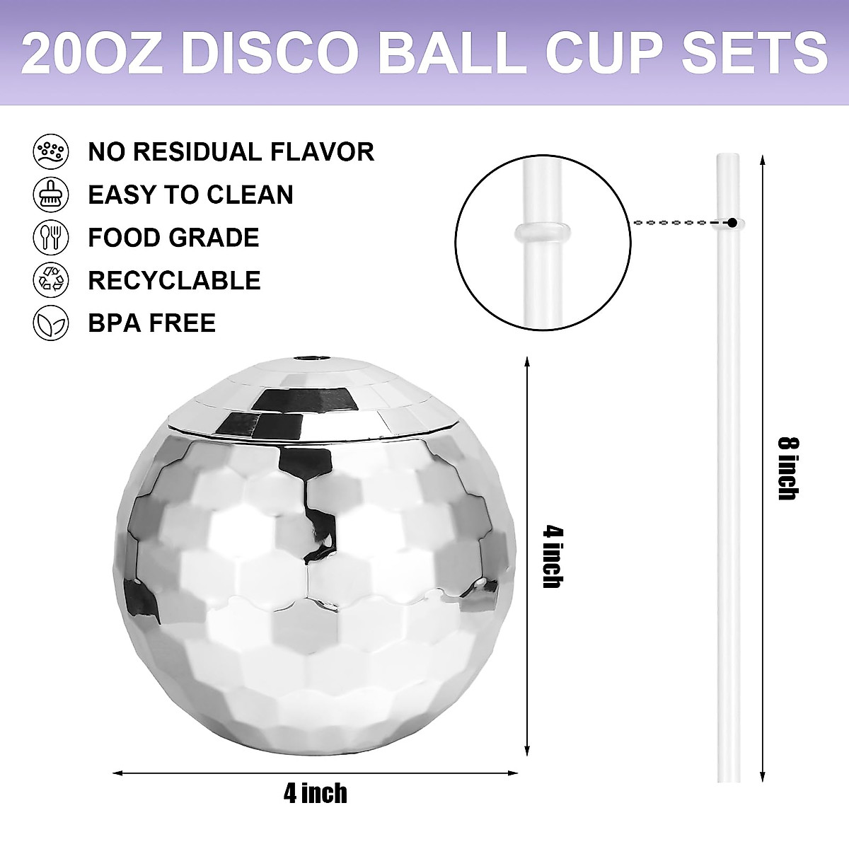Guiqulai 9 Pcs Disco Ball Cups,20 Oz Tumbler Disco Flash Ball Cups,Reusable Spherical Cocktail Cups with Lid and Straw,Silver Disco Wine Cups for Nightclub Disco Bar Party Decor(9Pcs)