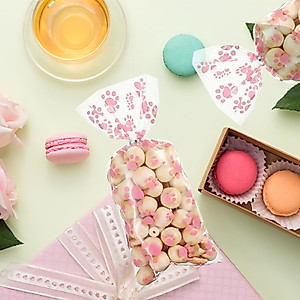 BLMHTWO 100Pcs Pet Paw Print Treat Bags, Dog Treat Bags Cellophane Treat Bags Paw Print Goodie Bags with 100 Silver Twist Ties for Pet Birthday Party Favor (50Pcs Balck & 50Pcs Pink)