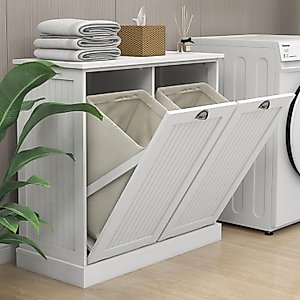 AOCOROE Tilt-Out Laundry Sorter Cabinet, Laundry Hamper Cabinet with 2 Large 12 Gal (48 L) Sorting Basket, Laundry Basket Organizer Cabinet for Bathroom, Balcony, White