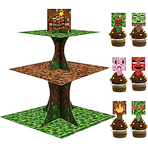 Mini Pixel Cupcake Stand 3 Tier Mining Birthday Party Supplies with 24pcs Cupcake Toppers Pixel Gaming Cupcake Dessert Holder for Pixelated Spiral Miner Crafting Party Decor Supplies